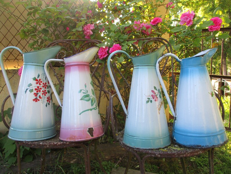 Choose ONE of These French Enamelware BODY Pitchers Graniteware Flowers ...
