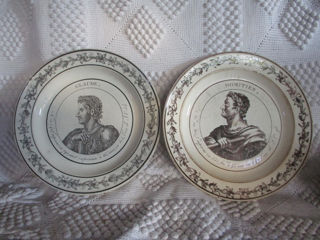 Antique Pair French Earthenware Plates ROMAN EMPERORS Portraits. Claude ...