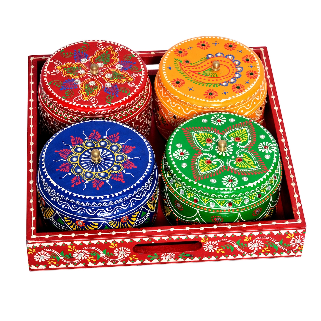 Indian Wooden Box Tray Set, Storage Box, Masala Box, Decorative Box ...