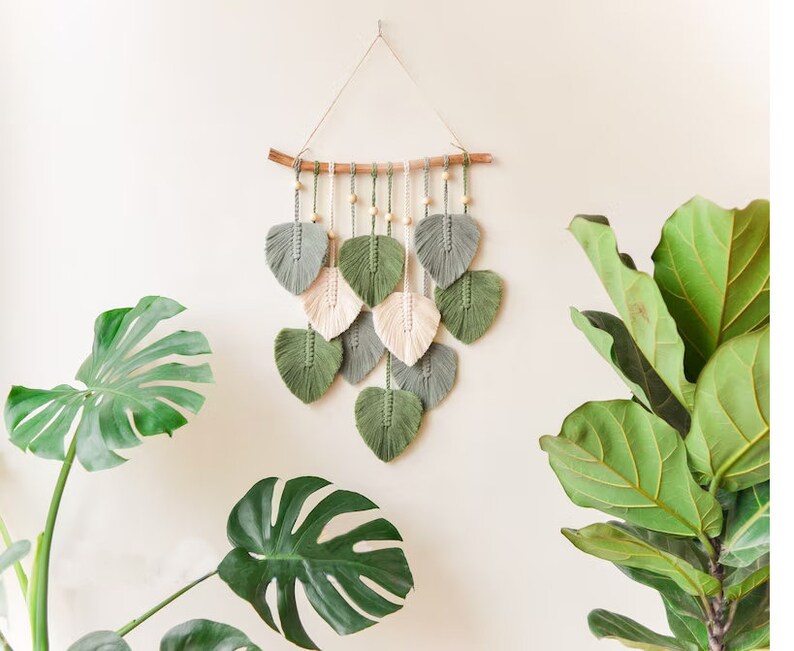 Green Leaves Macrame Wall Hanging, Macrame Feather, Farmhouse Wall Decor, Minimalist Wall Art ...