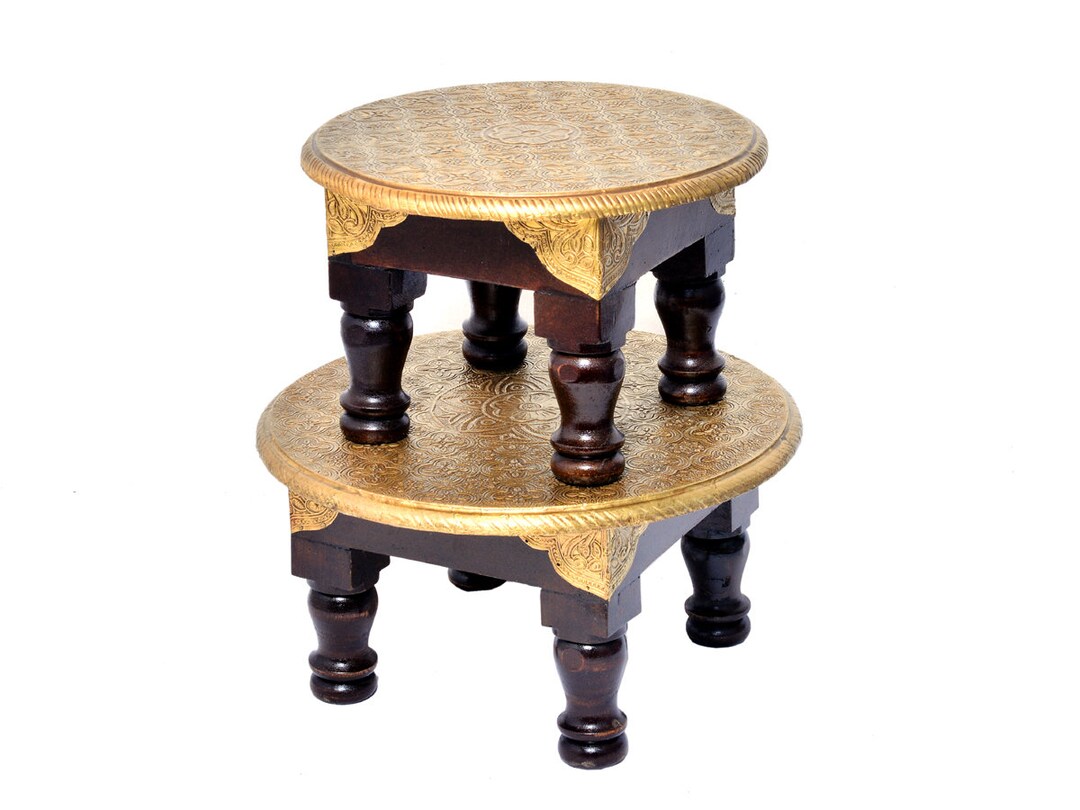 Brass Chowki Set Wooden Round Bajot Traditional Pooja Chowki Set for ...