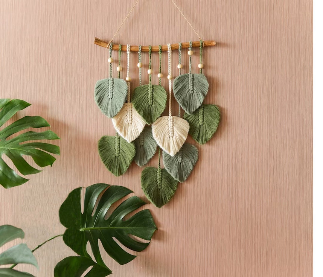Green Leaves Macrame Wall Hanging, Macrame Feather, Farmhouse Wall Decor, Minimalist Wall Art ...