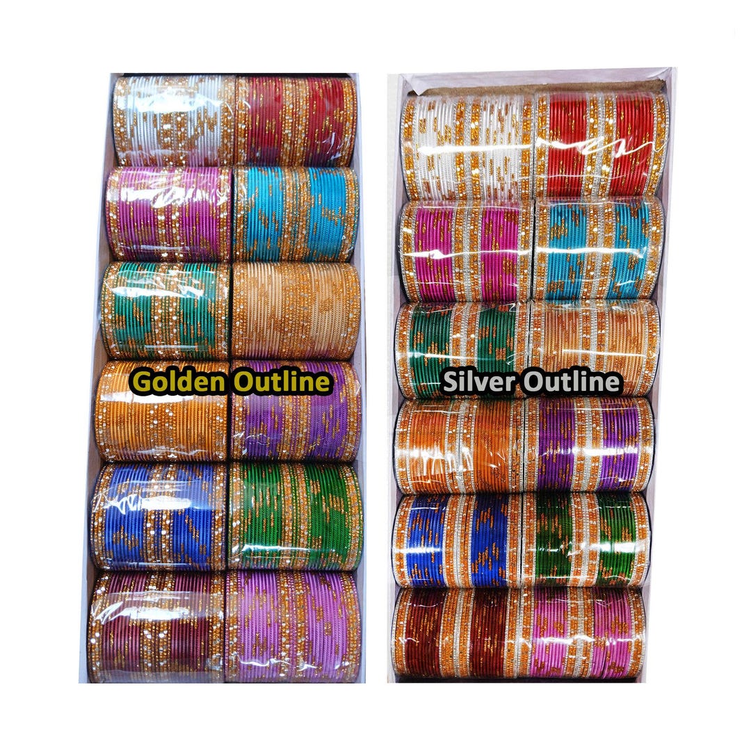 12 Colored Bangle Sets, Golden / Silver Outline Wedding Favors, Mehndi ...