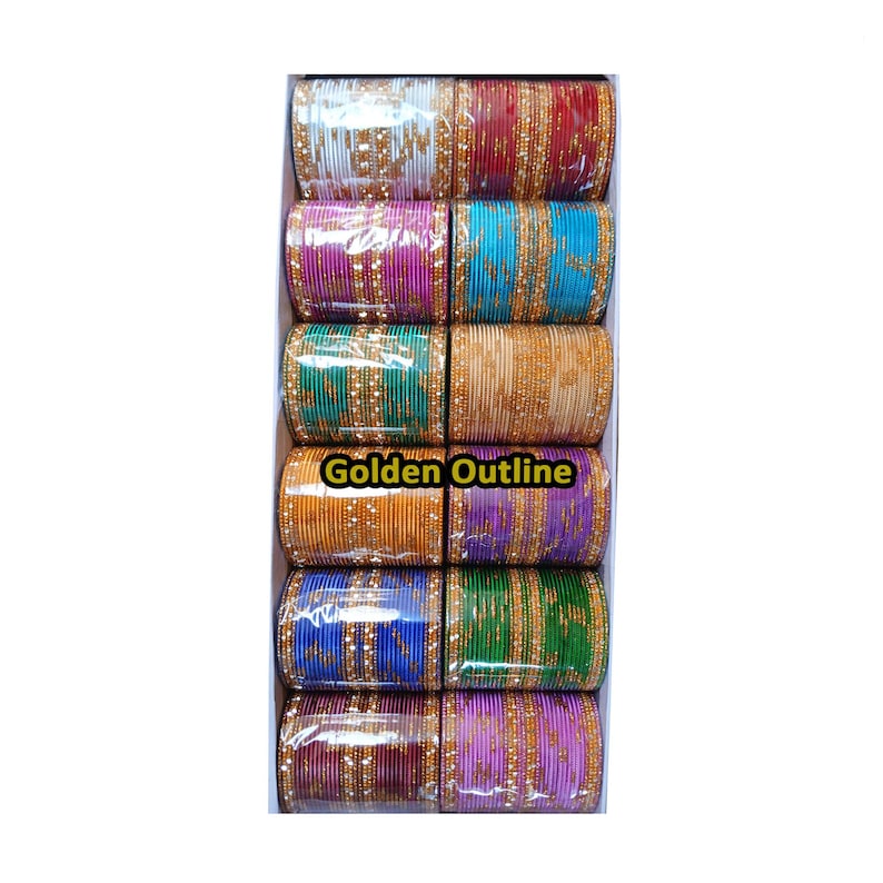 12 Colored Bangle Sets, Golden / Silver Outline Wedding Favors, Mehndi ...