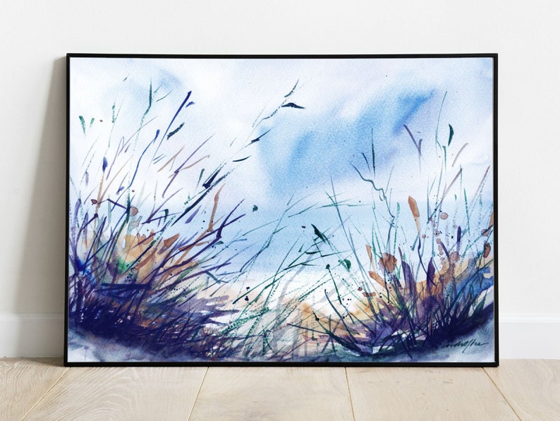 Wild Grasses, Blue Watercolor Landscape Painting, Printable Wall Art ...