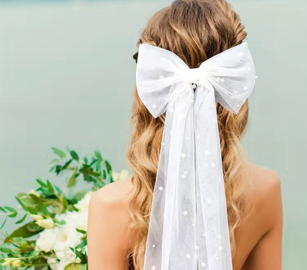 White Pearl Wedding Veil Hair Bow, Bow, Wedding Bow, Bridal Bow, White ...