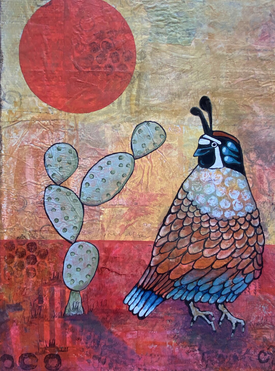Desert Quail Abstract Mixed Media Collage 11x14 Flat Panel Red Sun ...
