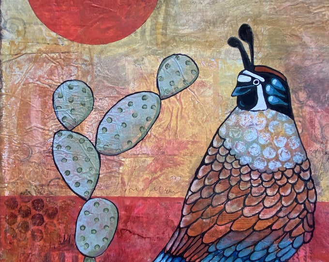Desert Quail; Abstract Mixed Media Collage; 11x14 Flat Panel; Red Sun ...