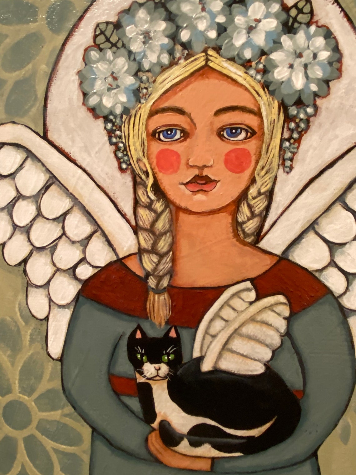 Felicity original angel with black and white cat acrylic | Etsy