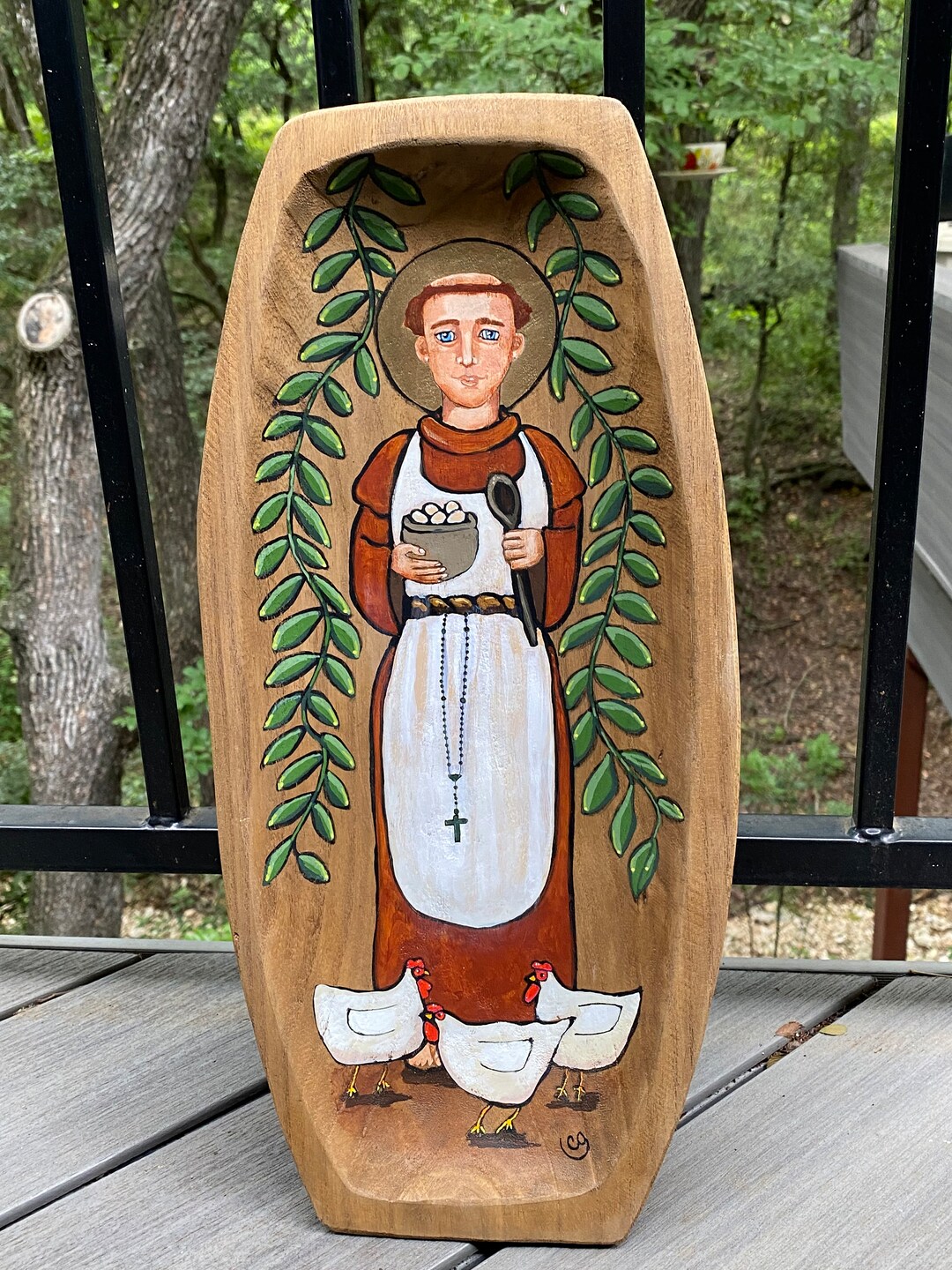 St Pascual, Kitchen Saint With Chickens Painted on Old Dough Bowl ...