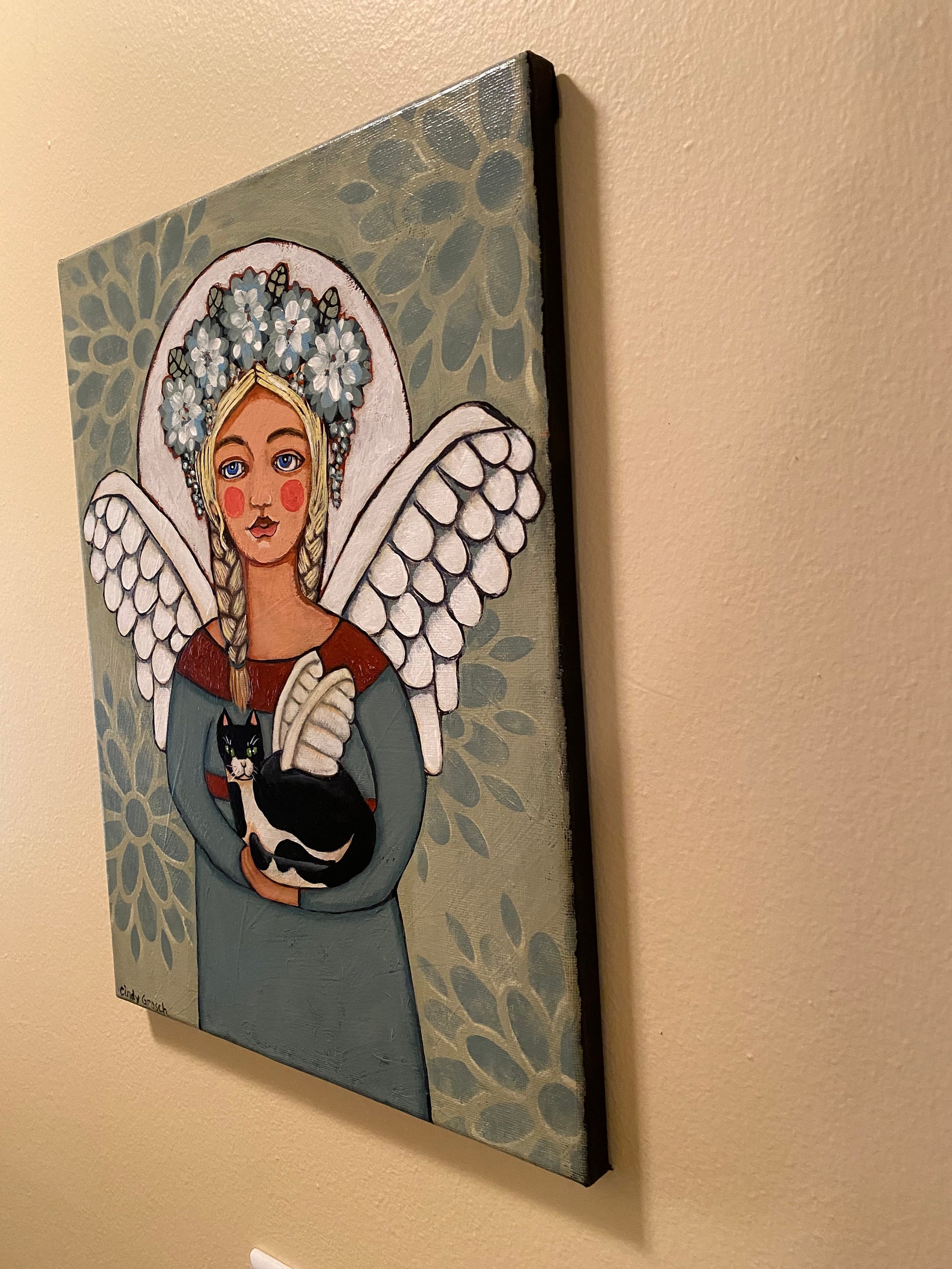 Felicity original angel with black and white cat acrylic | Etsy