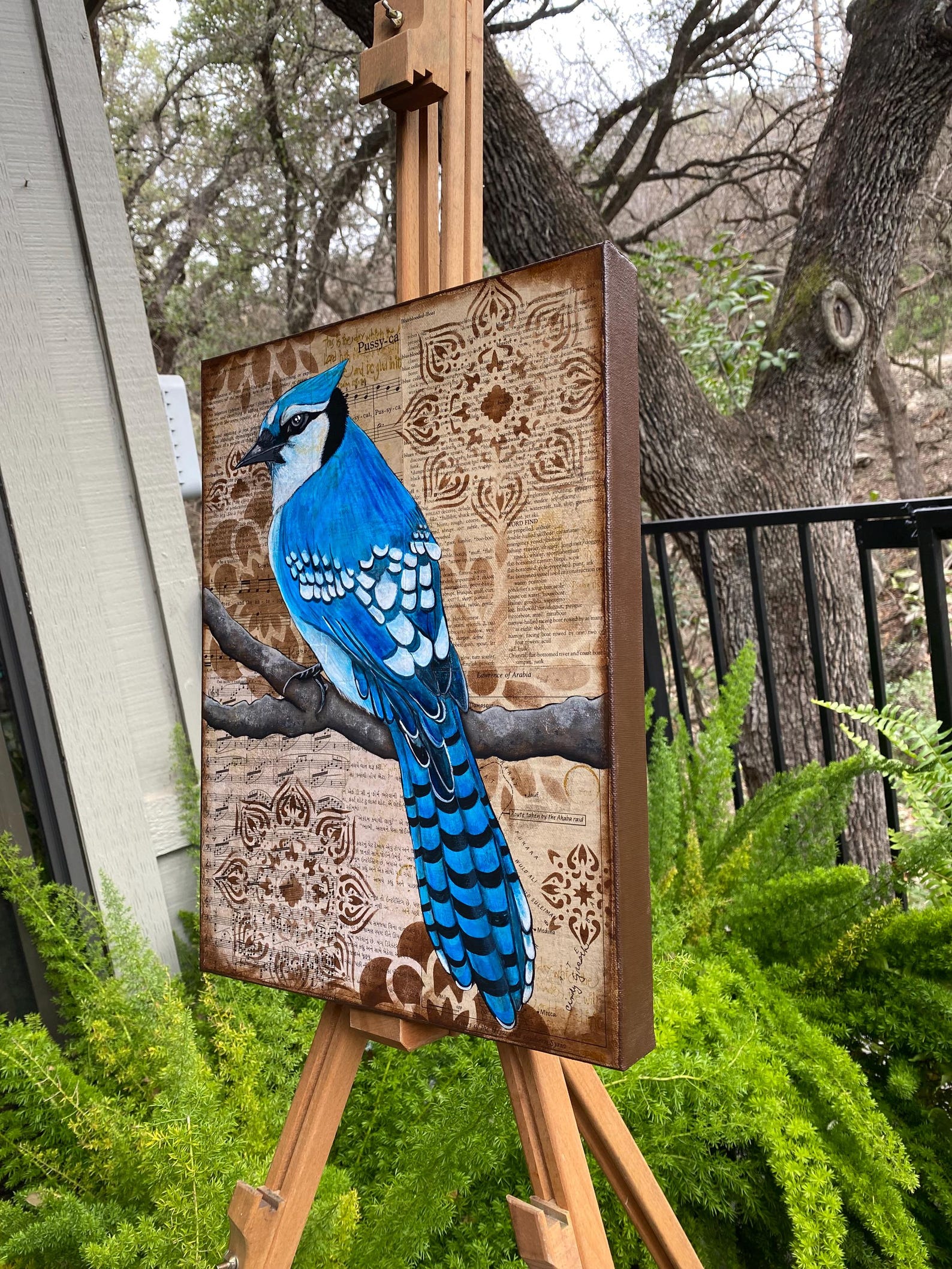 Blue Jay on Collage Mixed Media; 12 X 16 Gallery Canvas Ready to Hang ...