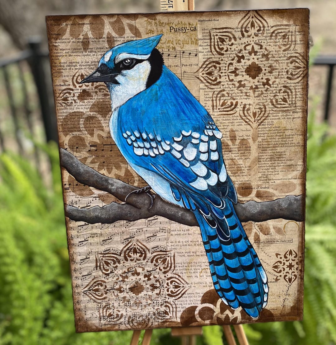 Blue Jay on Collage Mixed Media; 12 X 16 Gallery Canvas Ready to Hang ...
