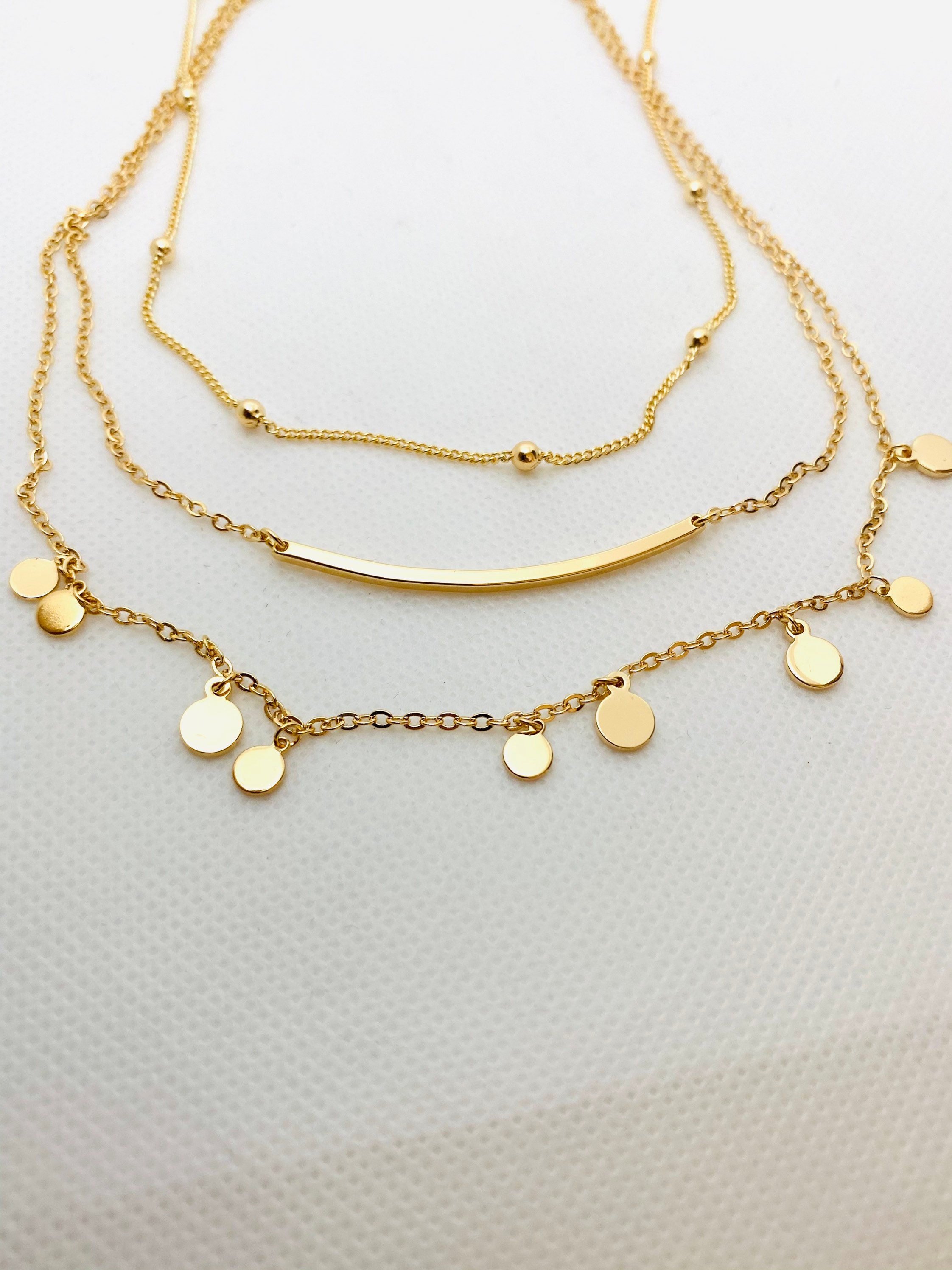 Elegant Stack of Three 18k Gold Necklaces - Etsy