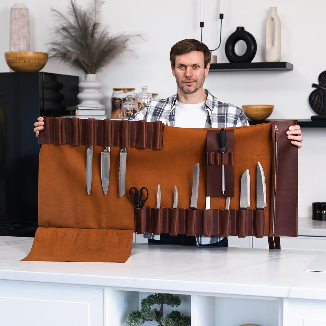 Large Knife Roll, Leather Knife Roll, Custom Knife Roll, Brown Knife ...