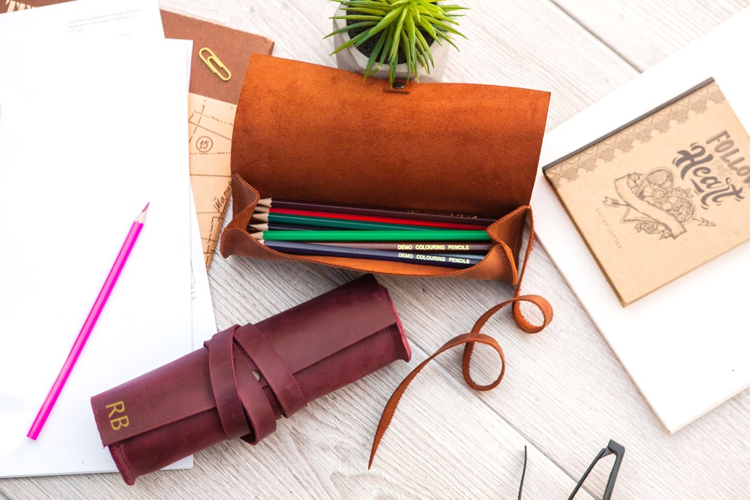 Leather Pencil Pouch Personalized, Leather Pencil Pouch Large Capacity ...
