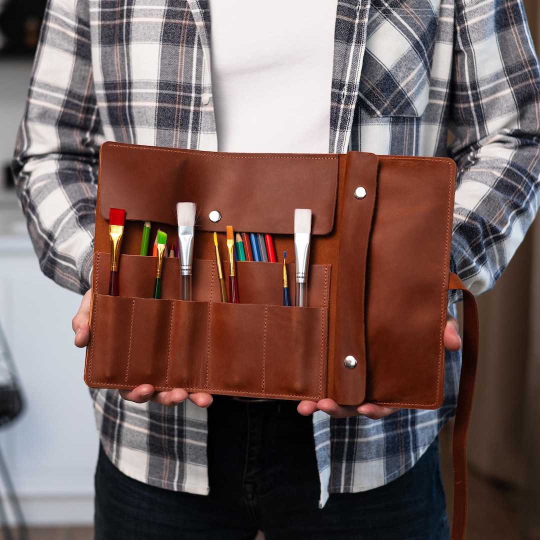 Pencil Roll Case, Leather Artist Roll, Leather Brush Case, Gift for ...