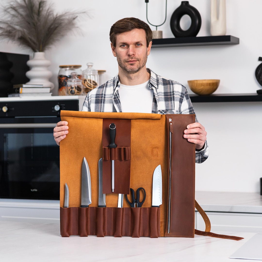 Custom Knife Roll, Leather Knife Holder, Chef Knife Bag, Leather Chef ...