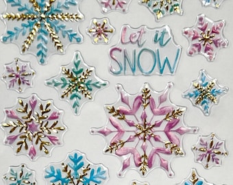 Let It Snow Puffy Stickers Set With Blue Pink Gold Snowflakes – 28 ...