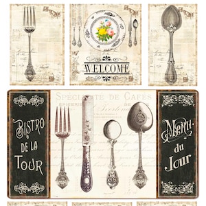 Decoupage Rice Paper Vintage French Bistro Kitchen Utensils Cutlery ...