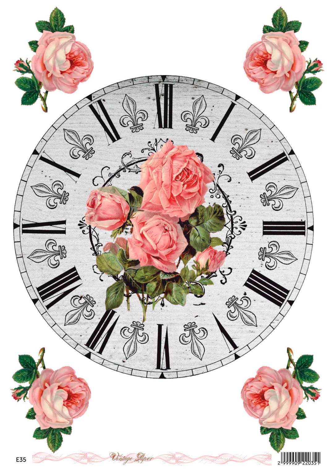 Vintage Rice Paper Clock Face With Roses Design for Decoupage, Paper or ...