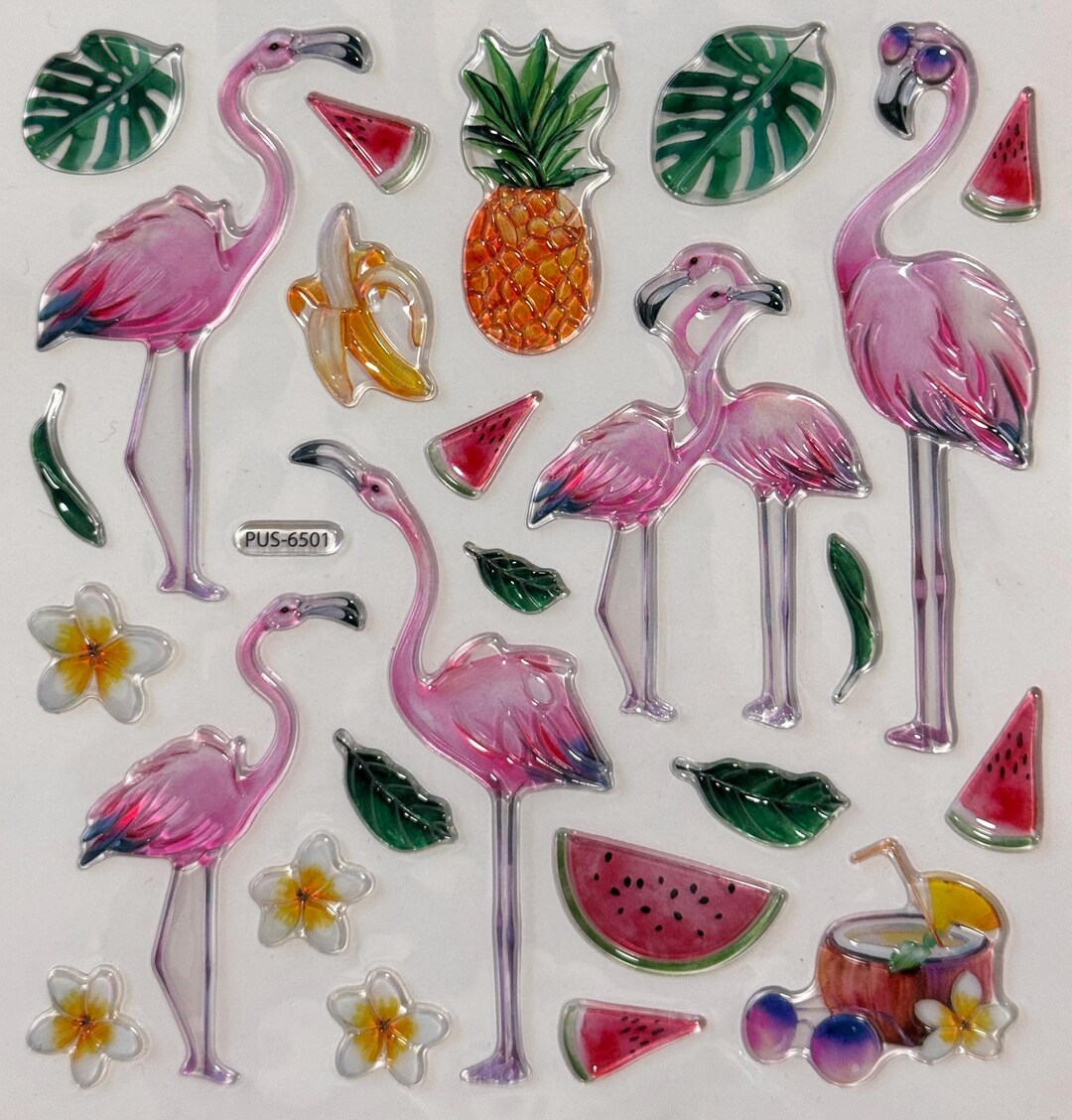 Tropical 3D Puffy Stickers Set, Pink Flamingos Stickers, Exotic Fruits ...