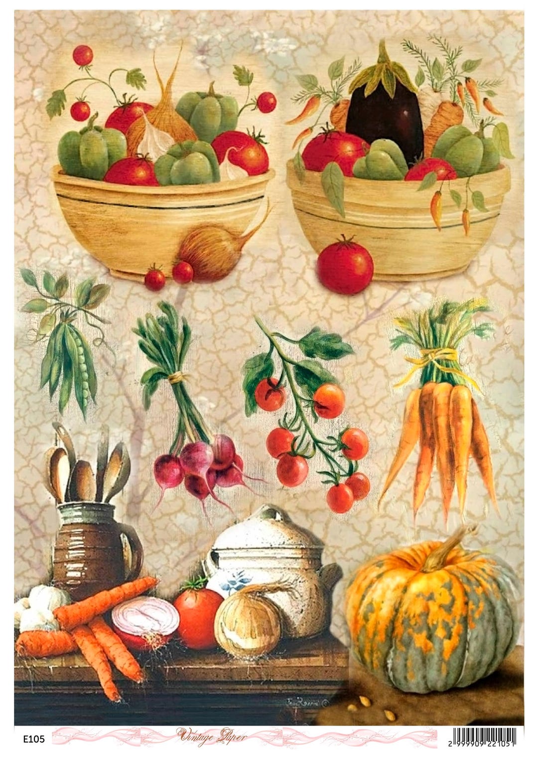 Decoupage Rice Paper Rustic Vegetables Kitchen Decor Carrots Tomatoes ...