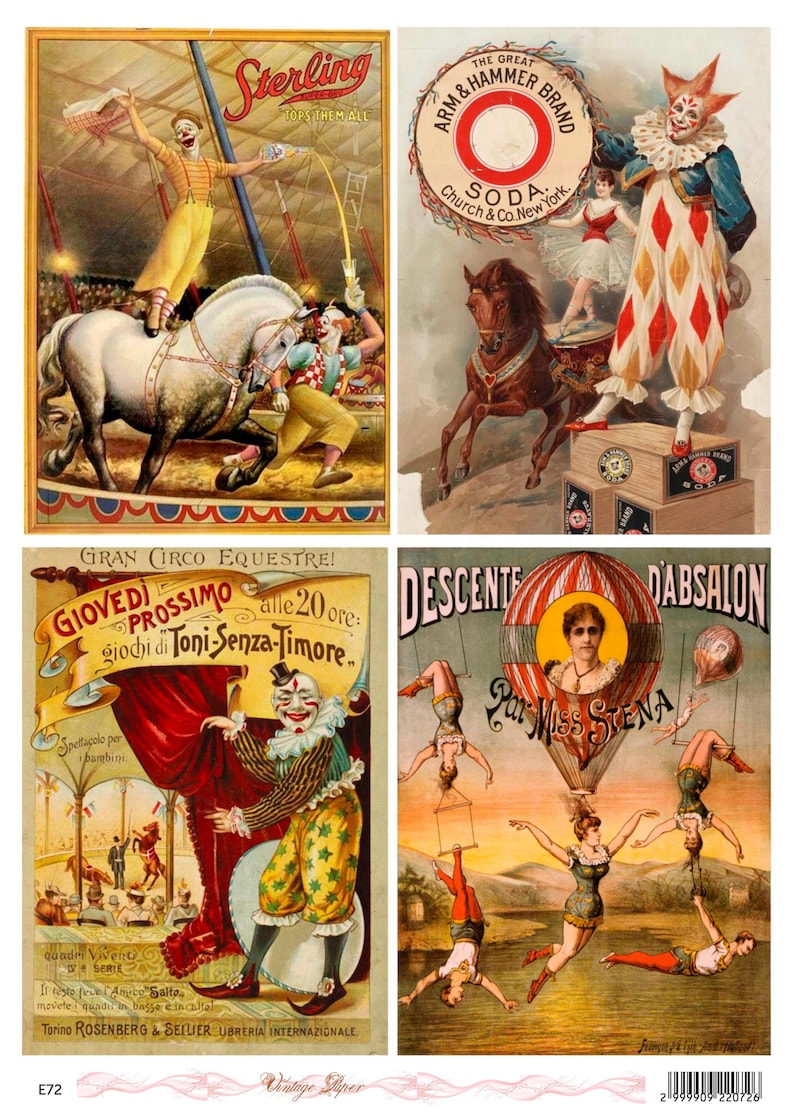 Decoupage Rice Paper Vintage Circus Posters Clown Acrobat Horse Rider ...
