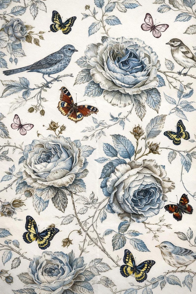 Decoupage Rice Paper Blue Roses Birds Butterflies Vintage Botanical ...