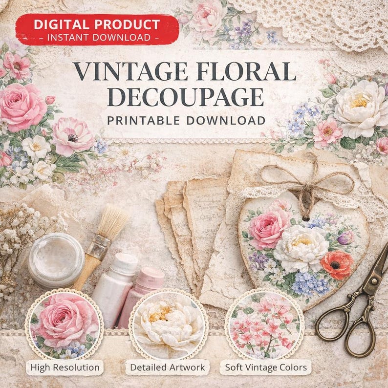 Vintage Floral Printable PNG, Shabby Chic Flowers, Scrapbooking Paper ...