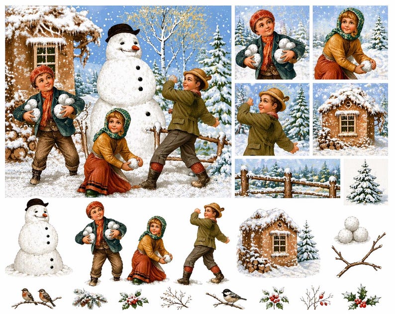 Winter Snowman Decoupage Rice Paper, Vintage Children Snowball Fight ...
