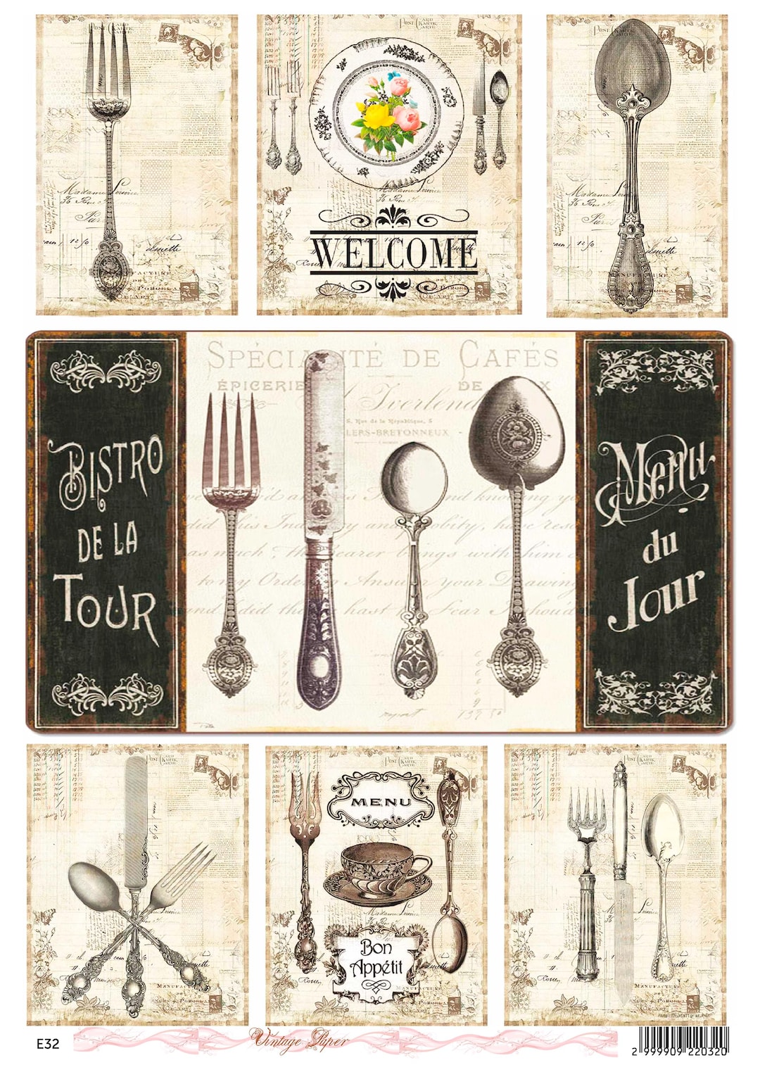 Decoupage Rice Paper Vintage French Bistro Kitchen Utensils Cutlery ...