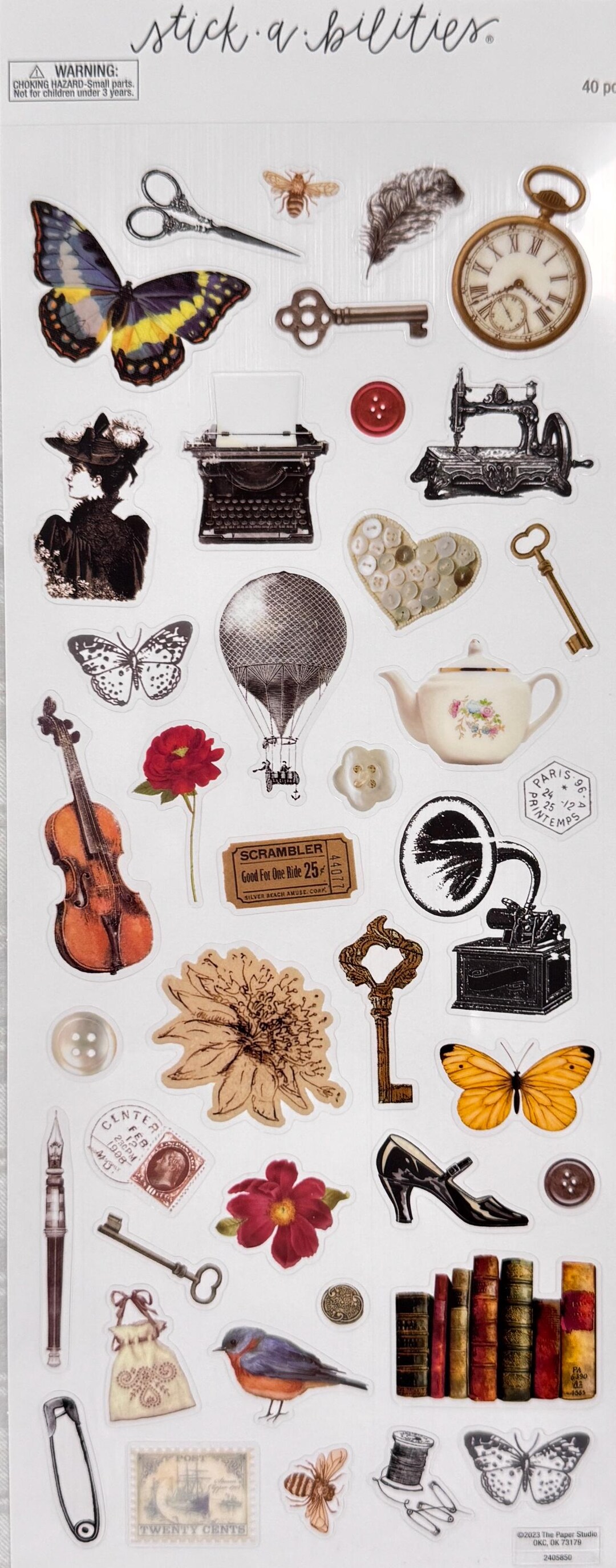 Vintage Stickers Set With Butterflies Keys, Flowers, Books, Birds ...