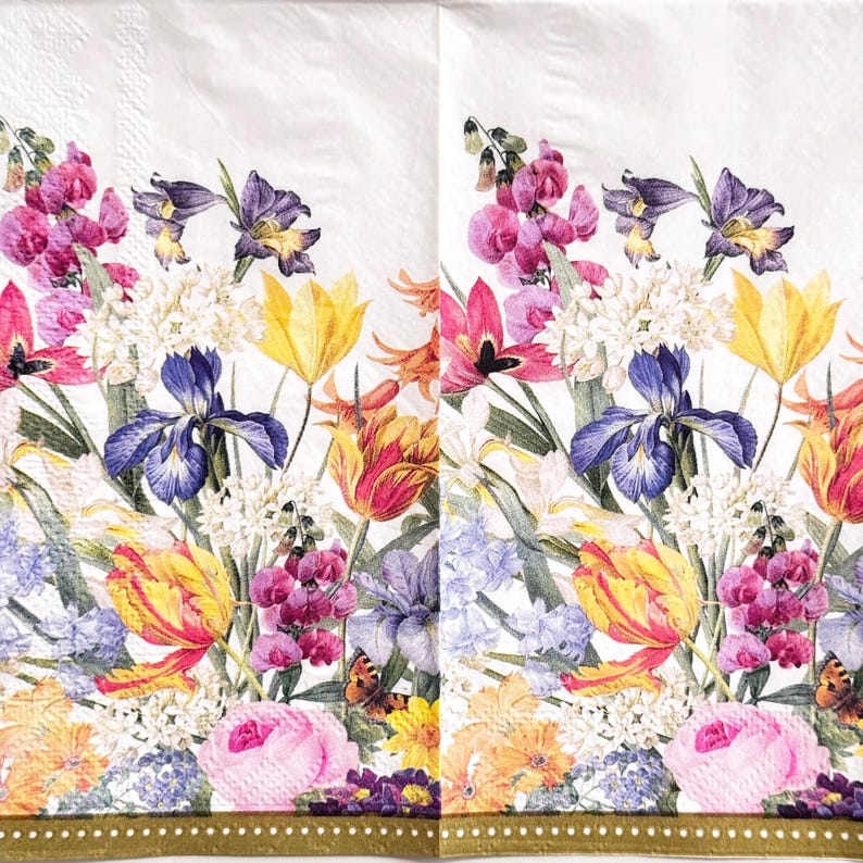 Spring Floral Border Decoupage Paper Napkin, Colorful Garden Flowers ...