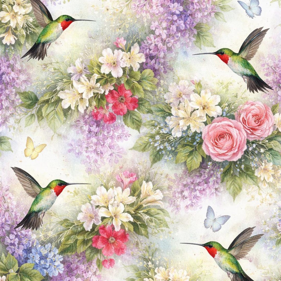 Hummingbird Bird Decoupage Rice Paper Floral Garden Pattern Roses Lilac ...
