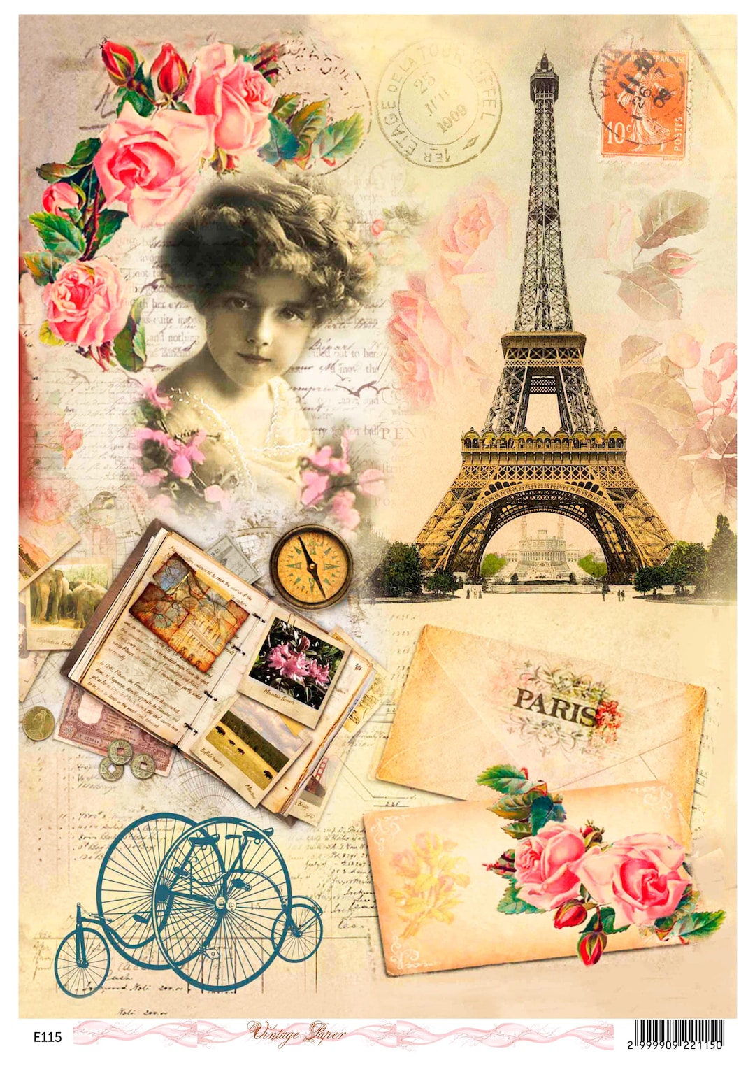 Vintage Paris Eiffel Tower Decoupage Rice Paper Roses Girl Postcards ...