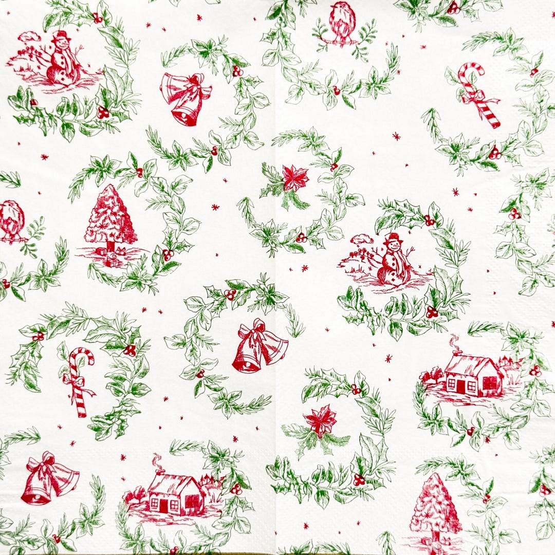 Vintage Christmas Toile Decoupage Paper Napkin, Holiday Scenes Wreaths ...