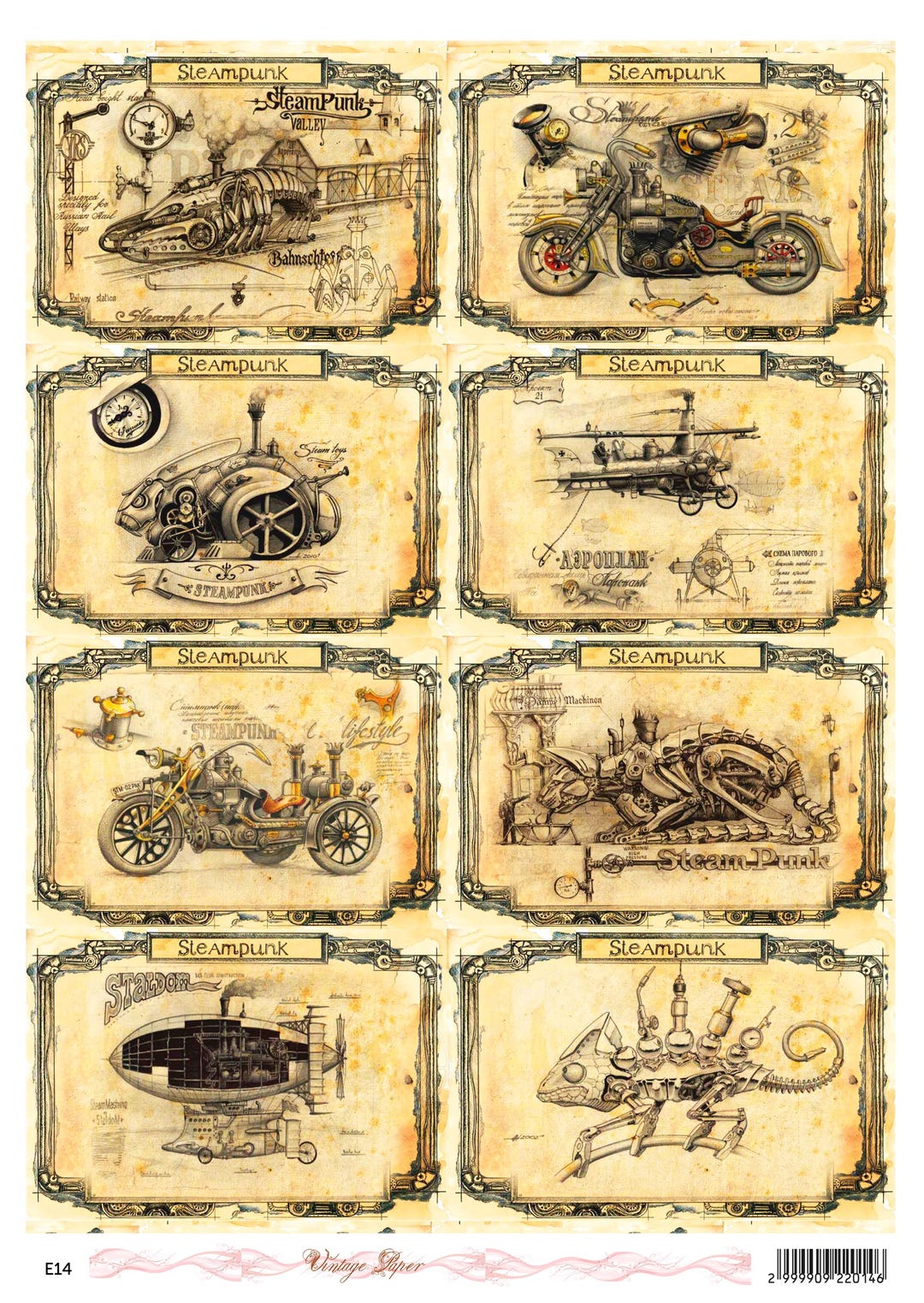 Decoupage Rice Paper Steampunk Vehicles Airship Motorcycle Helicopter ...