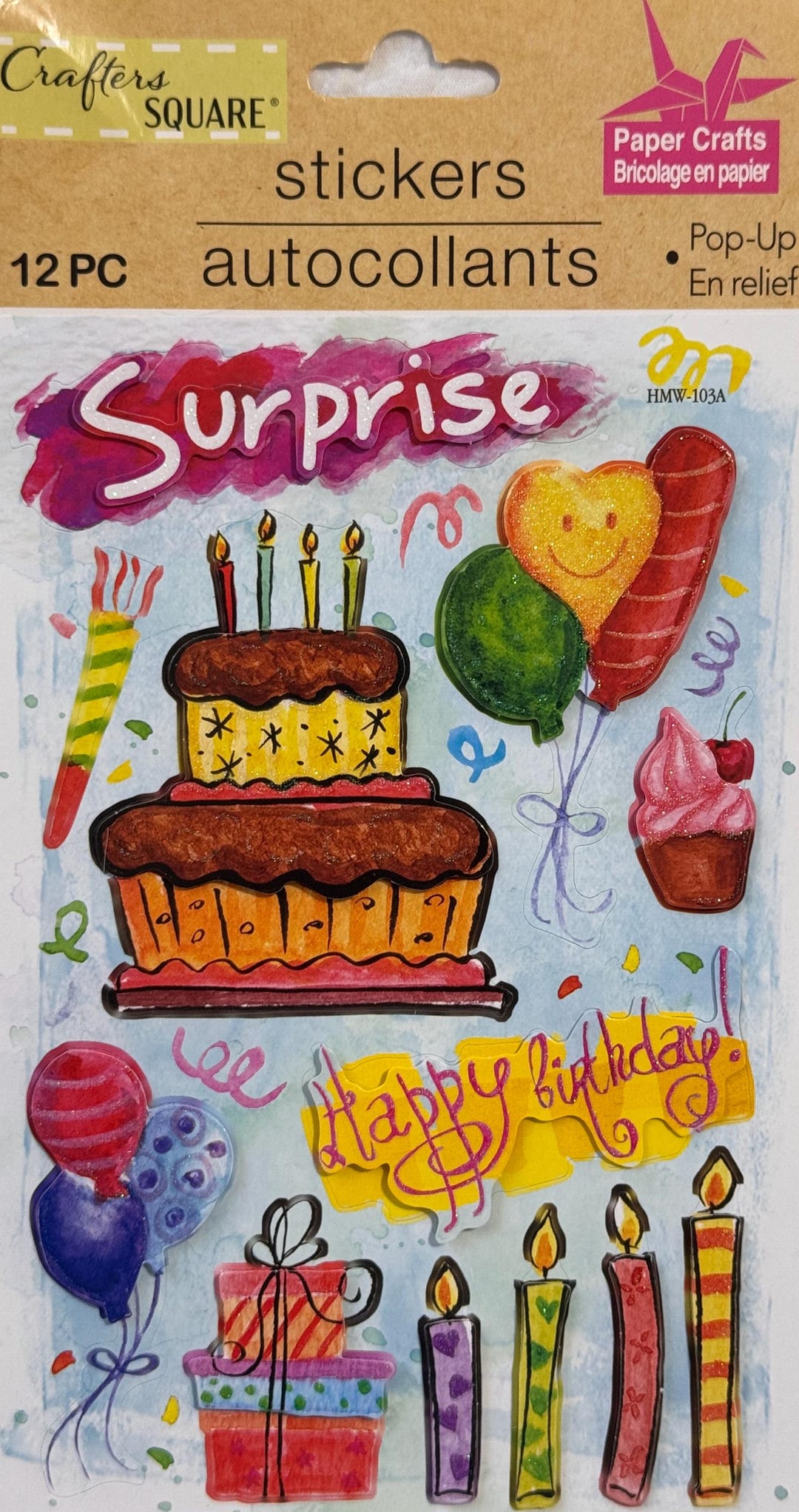 Birthday Party Theme Pop-up Stickers Set - 12PC, Cake Candles Balloons ...