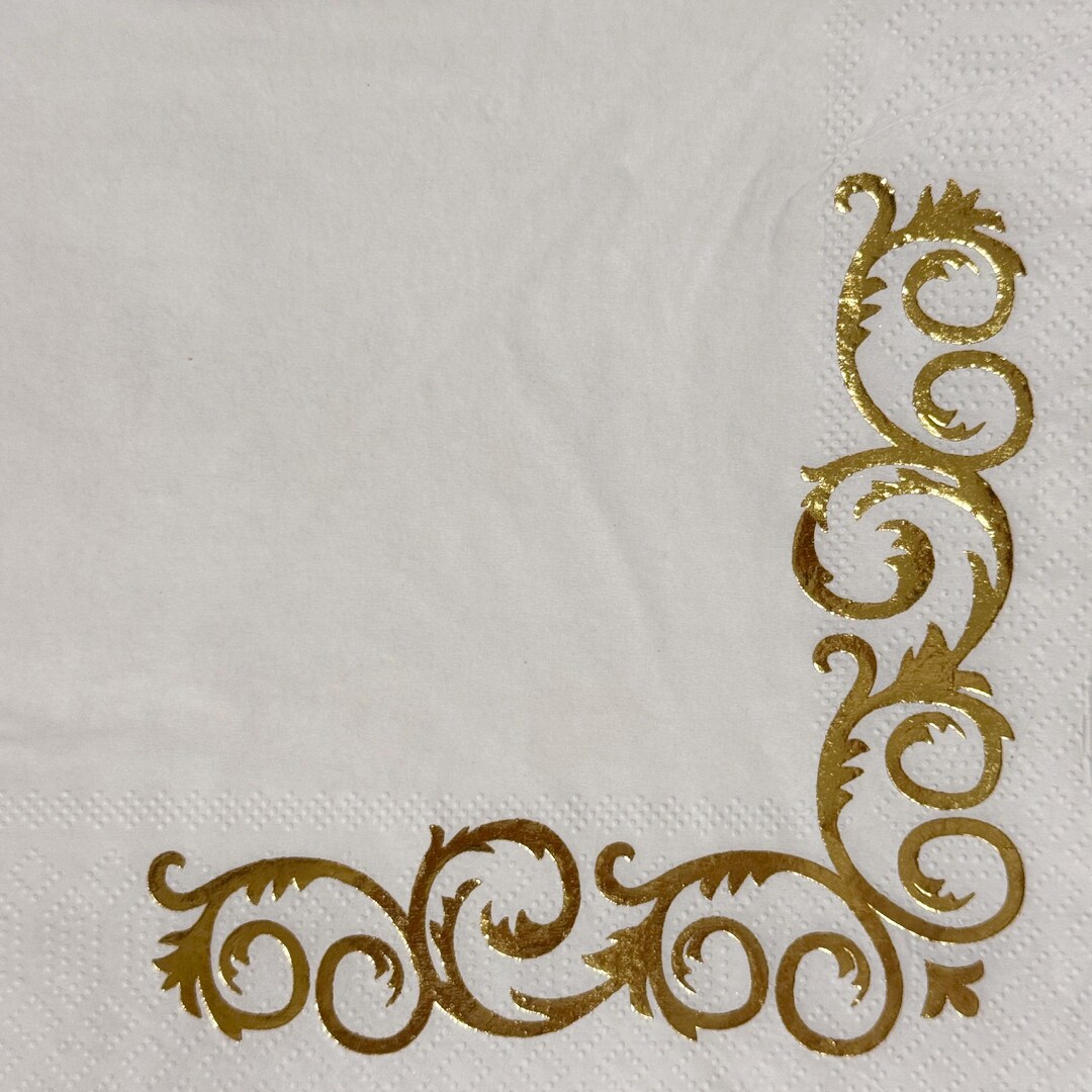 Elegant White Paper Napkin With Gold Foil Baroque Corner Design for ...