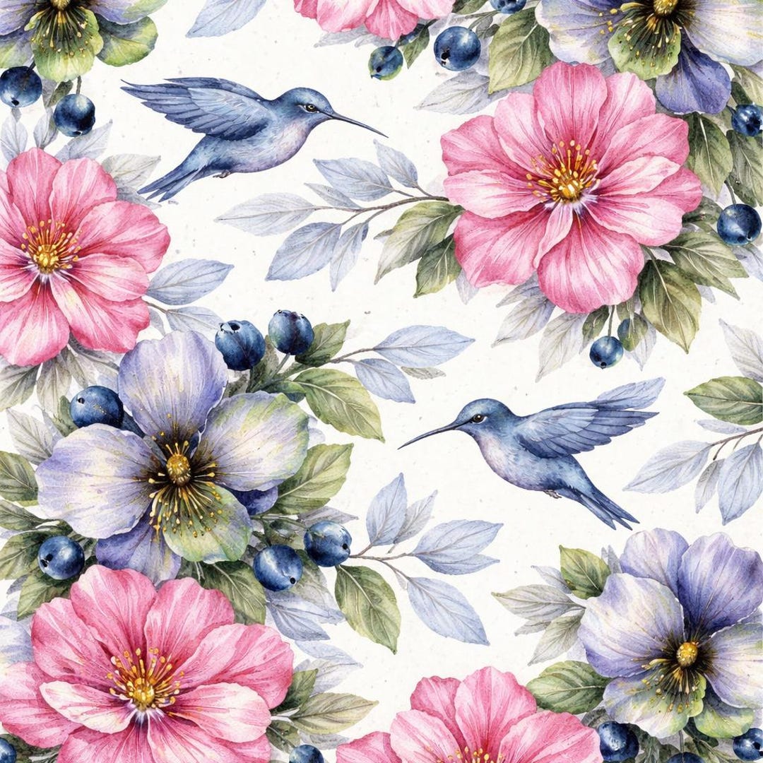 Decoupage Bird Rice Paper Hummingbird Pink Blue Floral Pattern Berries ...