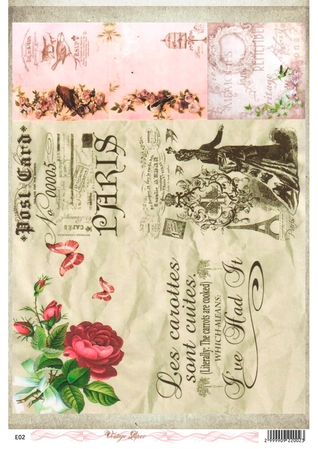 Decoupage Rice Paper Vintage Paris Roses Butterflies With French Quotes ...