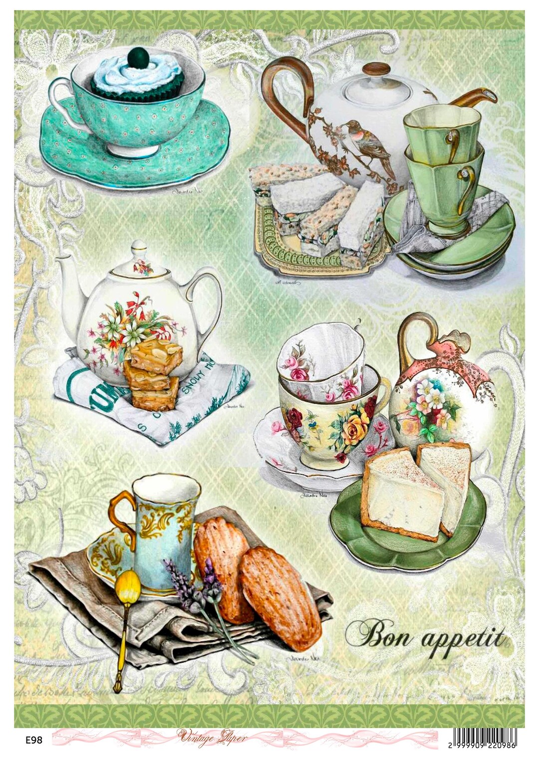 Decoupage Rice Paper Vintage Tea Cups Teapots Pastries Bon Appetit ...