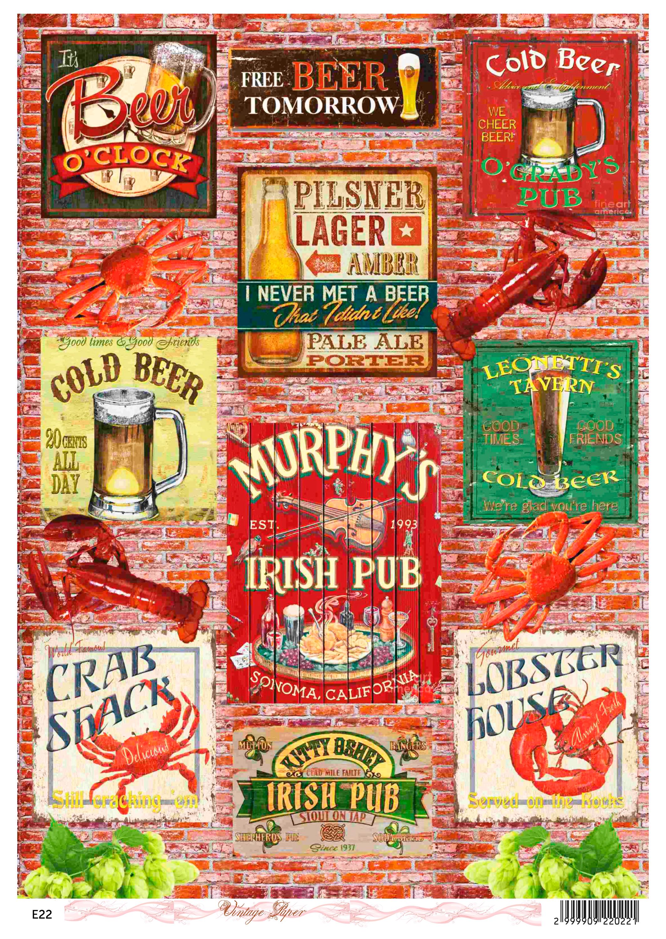 Decoupage Rice Paper Beer Pub Signs Lobsters Crabs Seafood Vintage Bar ...