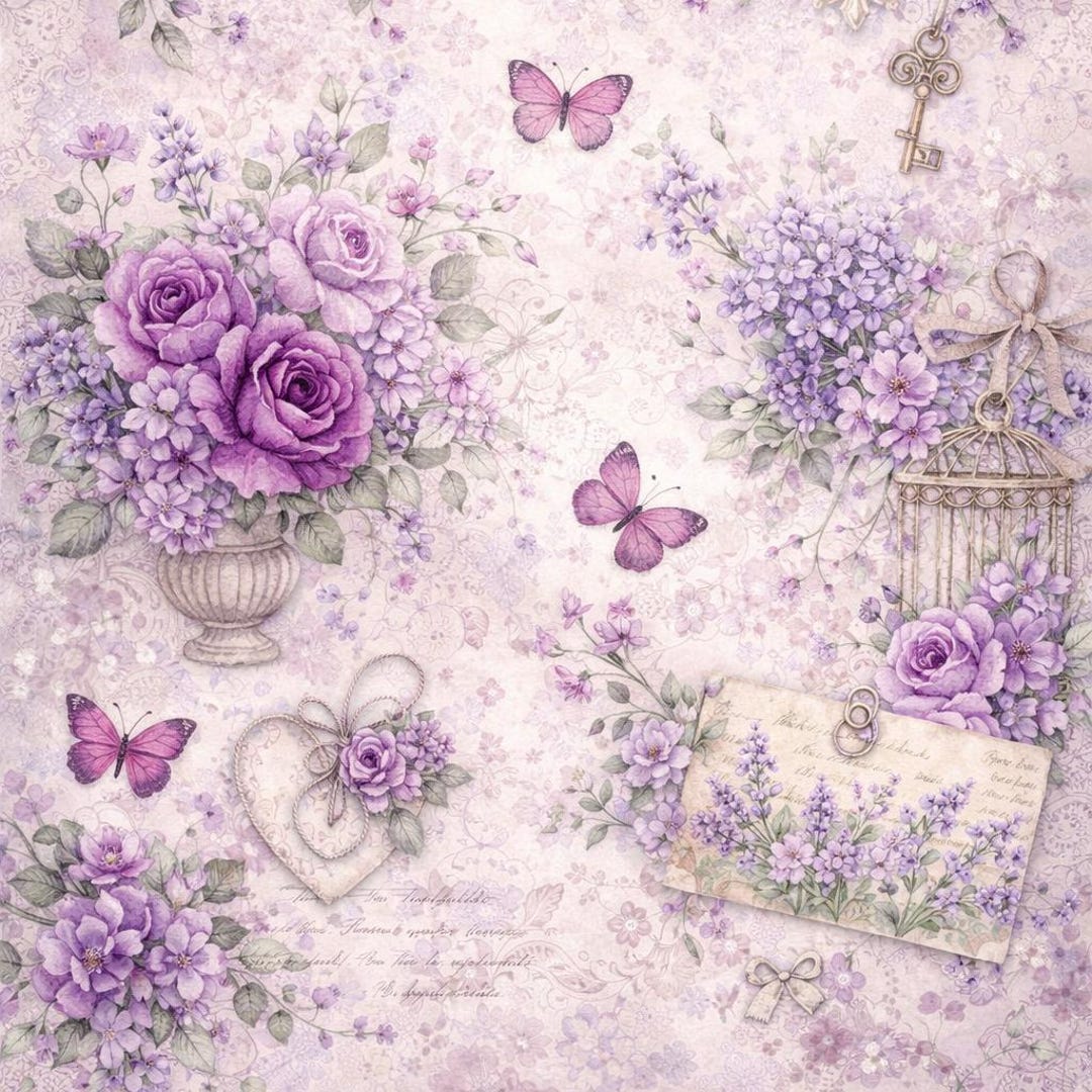 Lavender Roses Butterflies Decoupage Rice Paper Shabby Chic Floral ...