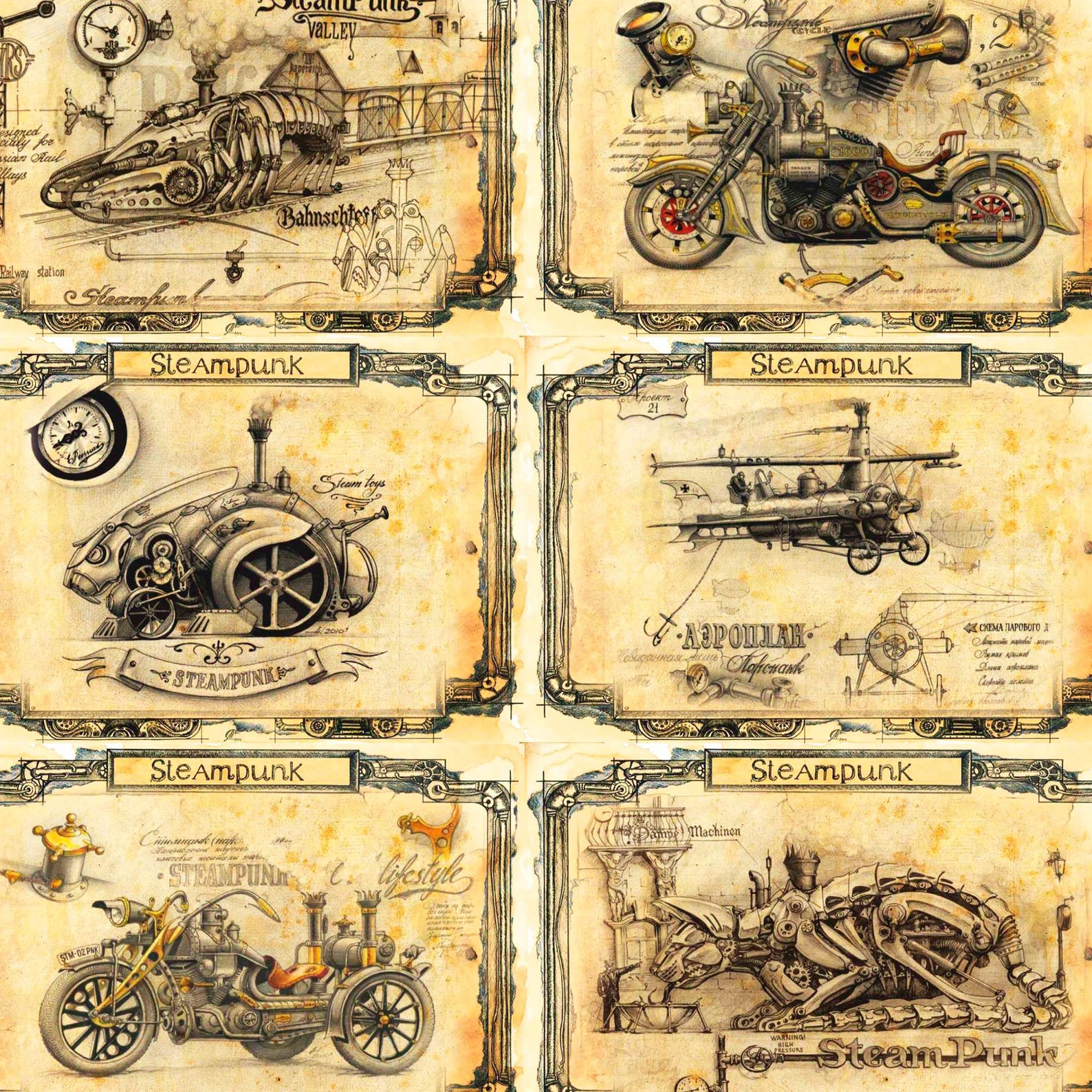 Decoupage Rice Paper Steampunk Vehicles Airship Motorcycle Helicopter ...