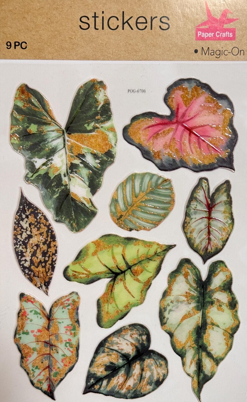 Set of 9 Tropical Leaf 3D Stickers Gold Accents, Puffy Plant Stickers ...