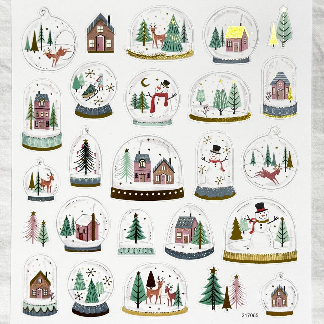 Christmas Snow Globe Stickers Set With Reindeer, Snowmen, Trees, Cabins ...