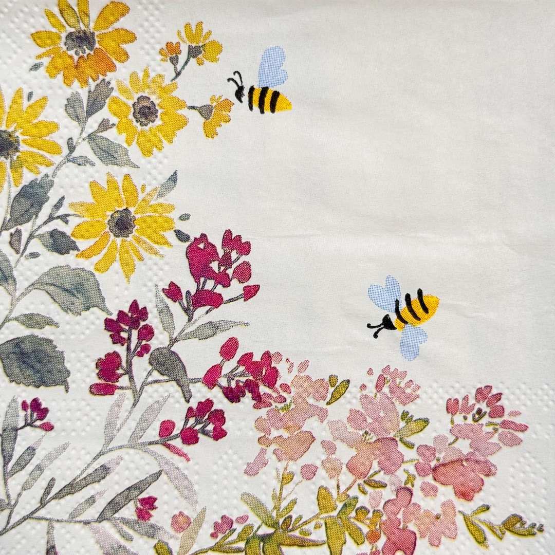 Spring Bees and Wildflowers Decoupage Paper Napkin, Thin Tissue for ...