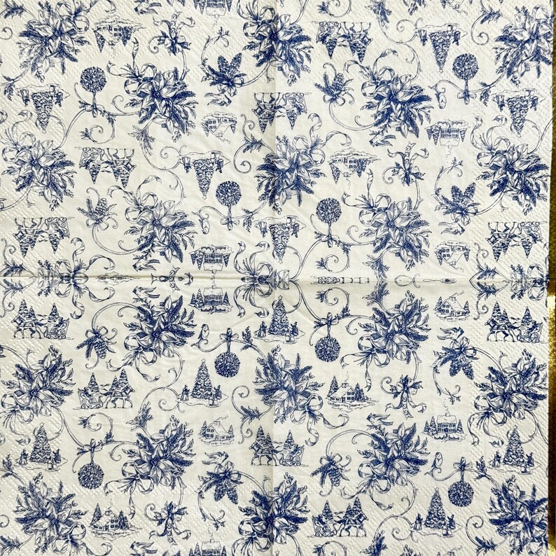 10'' Blue White Vintage Christmas Toile Decoupage Paper Napkin, Winter ...
